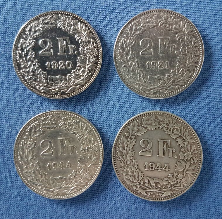 4x 2 Fr Silbermünzen 1920 – 1921 – 1943 - 1944 ab nur 1 Fr! | Kaufen auf Ricardo