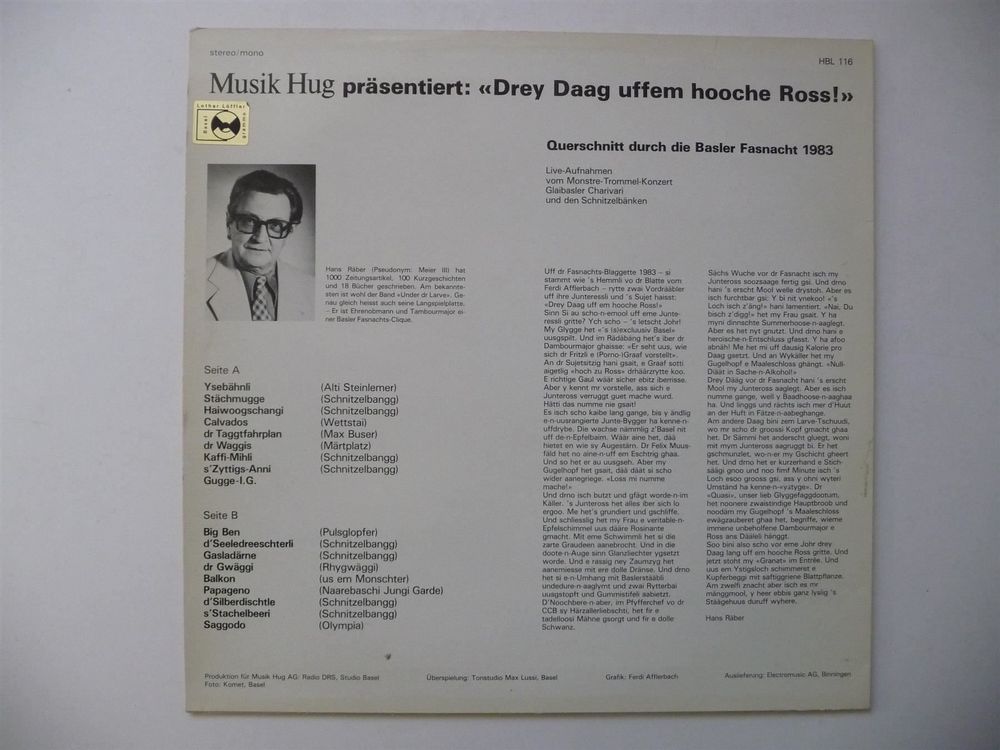 DREY DAAG UFFEM HOOCHE ROSS - LP FASNACHT 1983 (Gebraucht) in Aesch BL ...