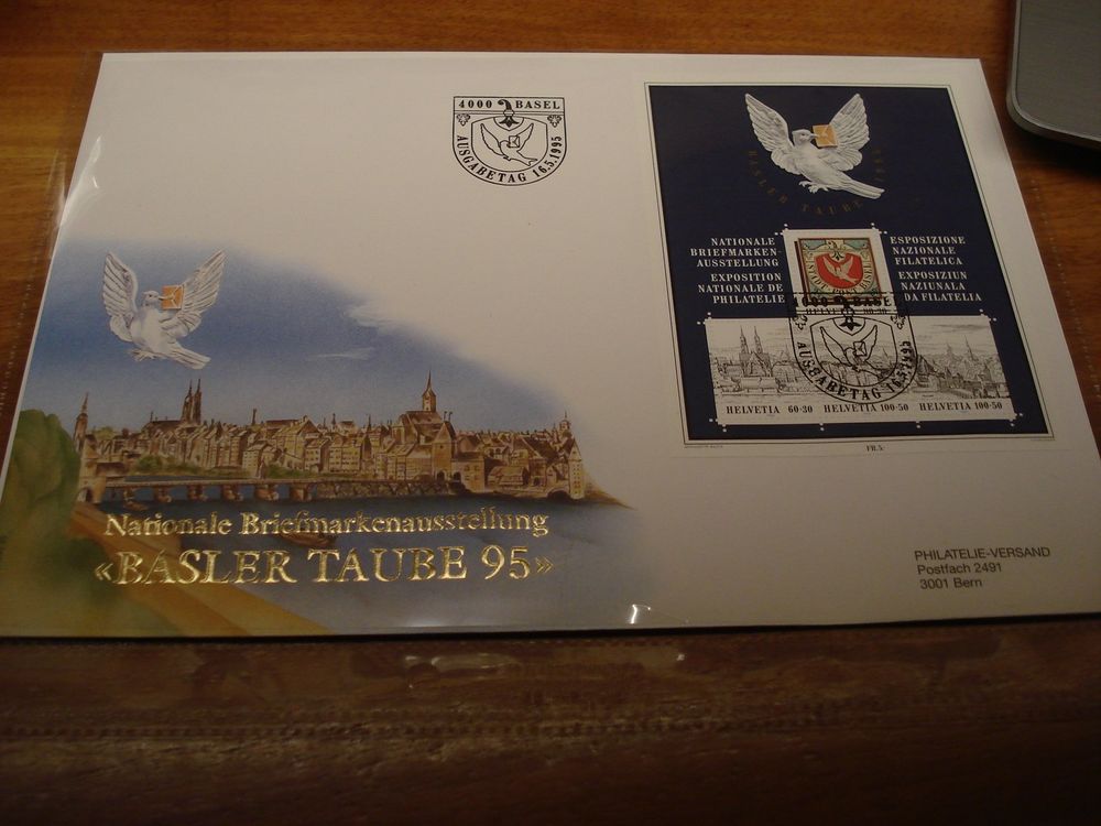 Block Basler Taube 1995, FDC-Grossbrief + Sammlerblatt (Gebraucht) in Niederwil AG für CHF 1 ...
