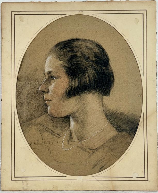 Antikes Frauenportrait Zeichnung Dame mit Perlenkette (Gebraucht) in ...