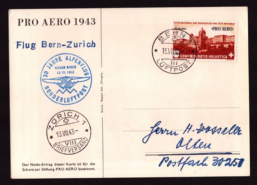 Carte Pro Aero 1943 Bern-Zurich OSKAR BIDER (Gebraucht) in Delémont für CHF 3 – mit Lieferung ...