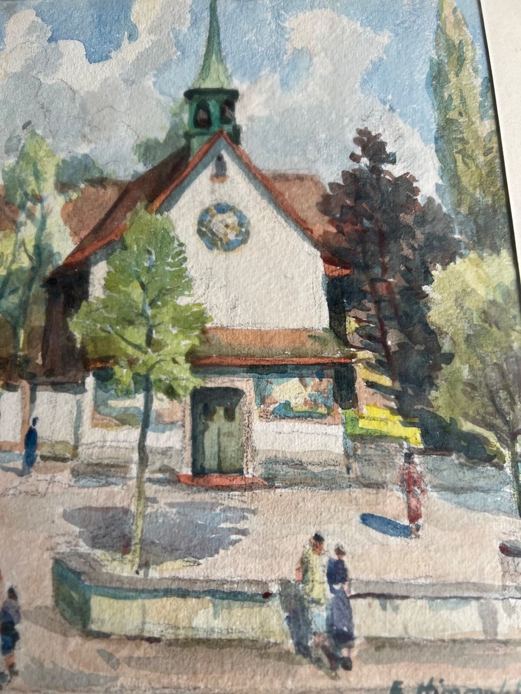 Altes Aquarell Gemälde signiert - Kirche im Dorf, 1932, N 86 (Gebraucht ...