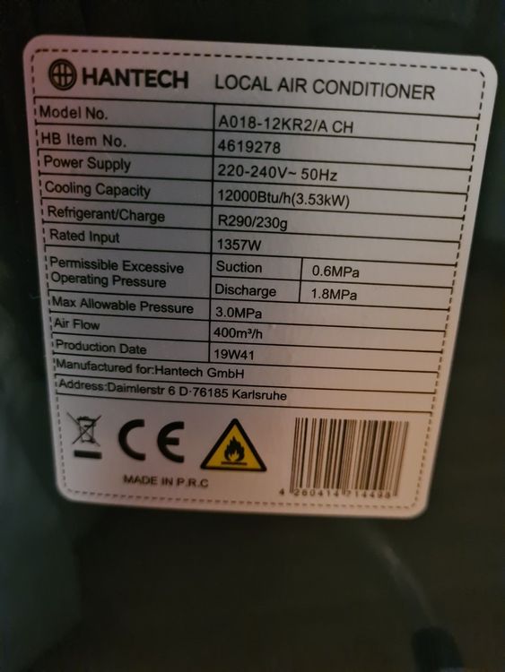 Mobiles Klimagerät Hantech 12000 BTU (Gebraucht) in Menzingen für CHF ...