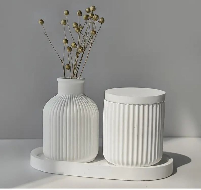 Deko Set Vase Dose Tablett weiss gerippt modern ska... (Neu (gemäss ...
