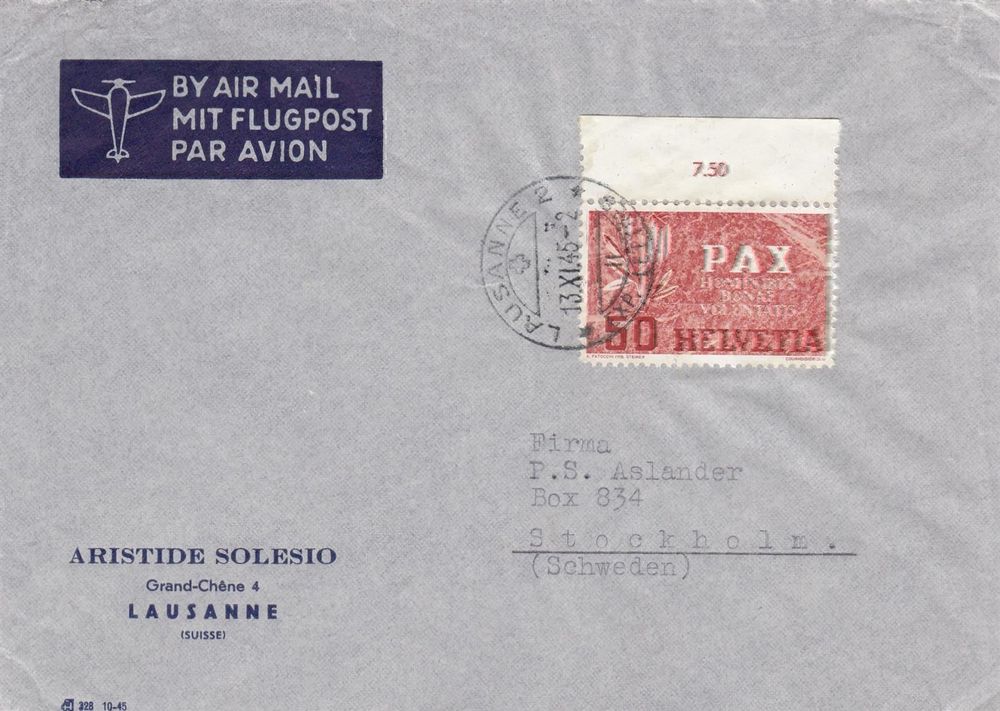 1950: 50 Rp. Olivenzweig/PAX - saub. Luftpostbrief (Gebraucht) in ...