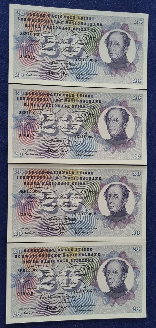 4 X 20FRANKEN NOTE TYP GENERAL DUFOUR BANKFRISCH JAHR 1976-1 (Neu ...
