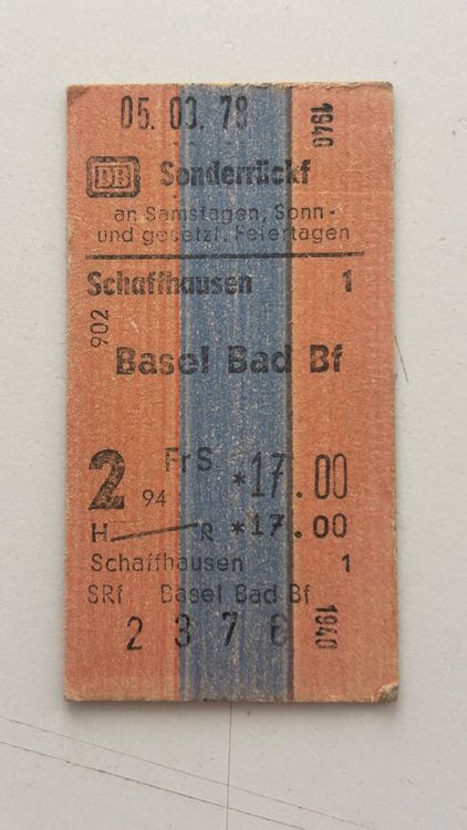 DB-Zugticket - Schaffhausen Basel Bad Bf - 1978 | Kaufen auf Ricardo