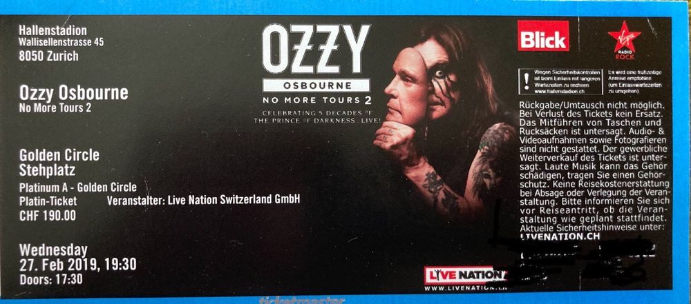 OZZY OSBOURNE ticket (Neu (gemäss Beschreibung)) in Turbenthal für CHF ...