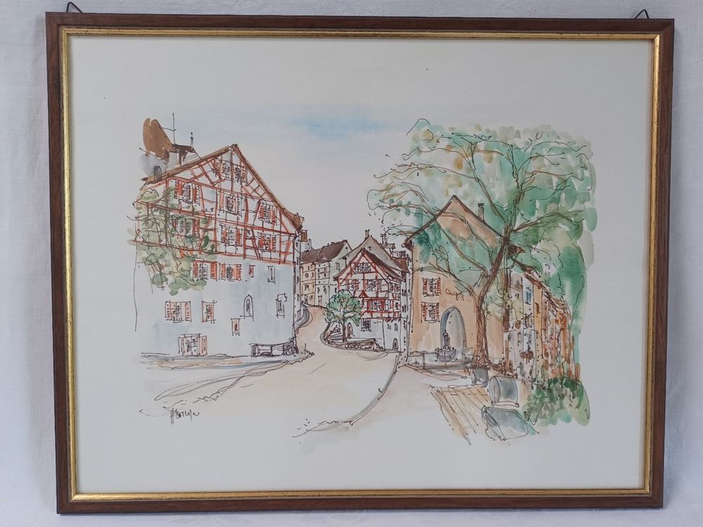 Altstadt Baden - Zeichnung Aquarell, gerahmt. | Kaufen auf Ricardo