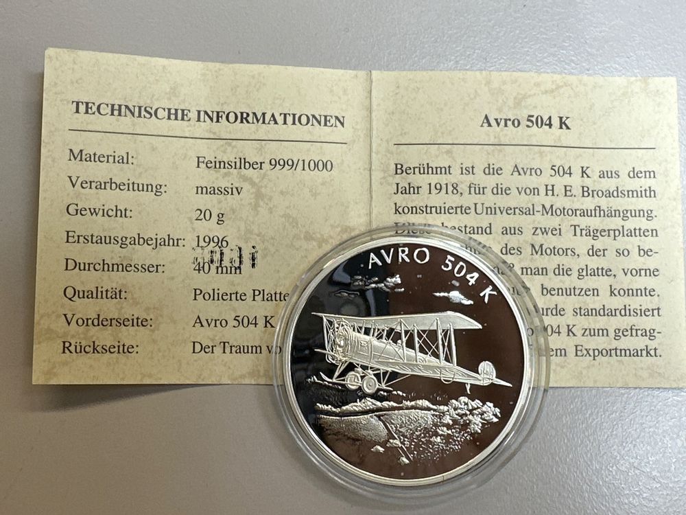 Medaille Silber 999 20g Der Traum vom Fliegen Avro 504 K (Neu und originalverpackt) in Herisau ...