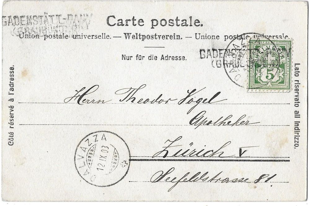 Stabstempel Gagenstätt-Pany (Graubünden) auf AK 1903 | Kaufen auf Ricardo