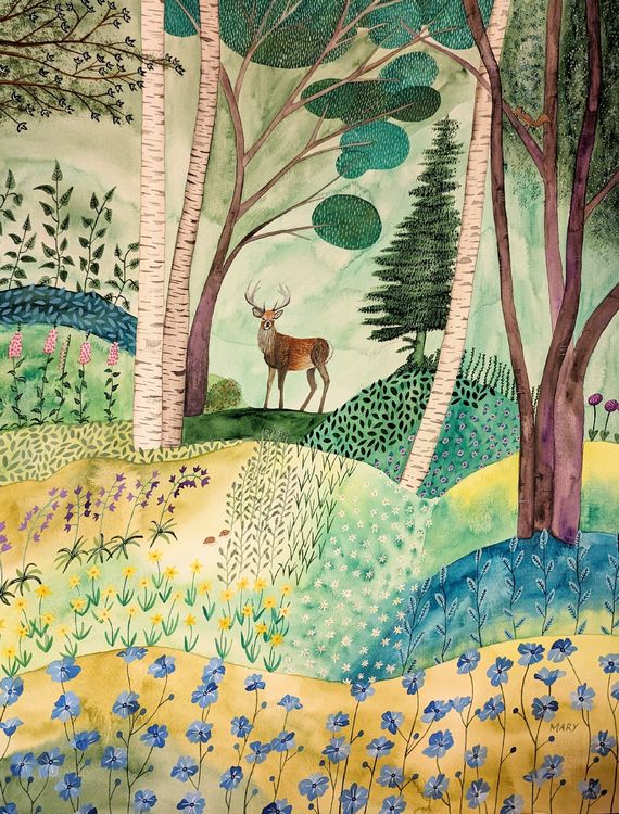 Original Aquarell "Frühling im Wald" Hirsch Reh Kunst Bild (Neu und originalverpackt) in ...