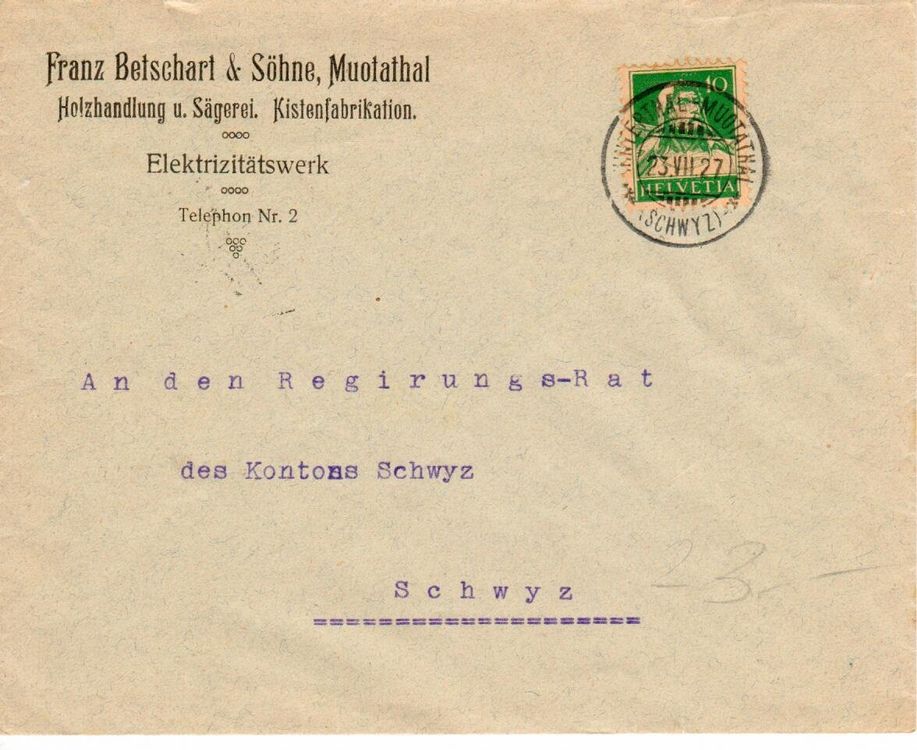 Brief, Franz Betschart & Söhne Muotathal 1927 (Gebraucht) in Wolhusen für CHF 6 – mit Lieferung ...