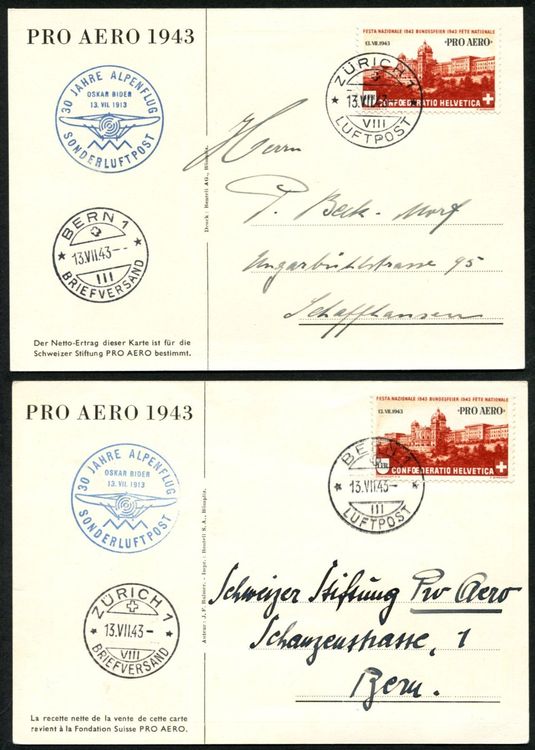 PRO AERO Karten 1943 Bern-ZH + ZH-Bern dt. + franz. Karte (Gebraucht) in Kirchberg für CHF 3 ...