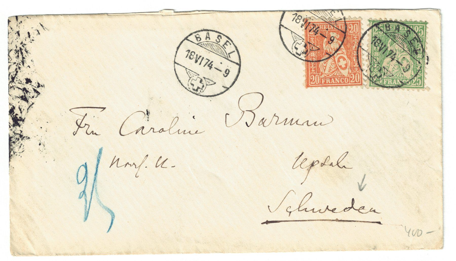 Sitzende Helvetia 45 Rp Brief DESTINATION SCHWEDEN RR Attest (Gebraucht ...