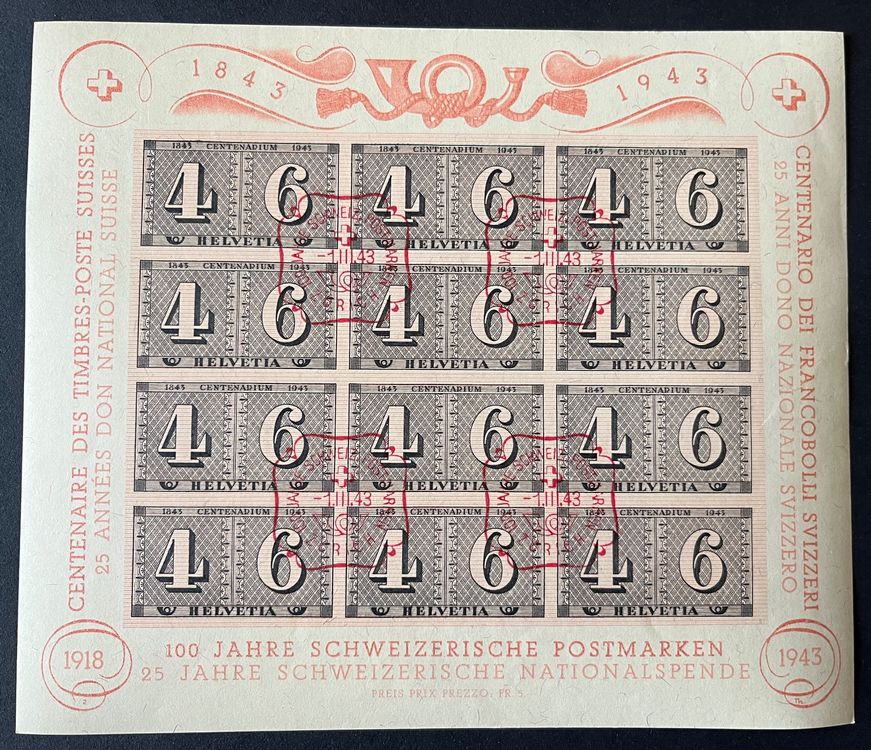 1943 100 Jahre Briefmarke, Luxusbogen gest. | Kaufen auf Ricardo