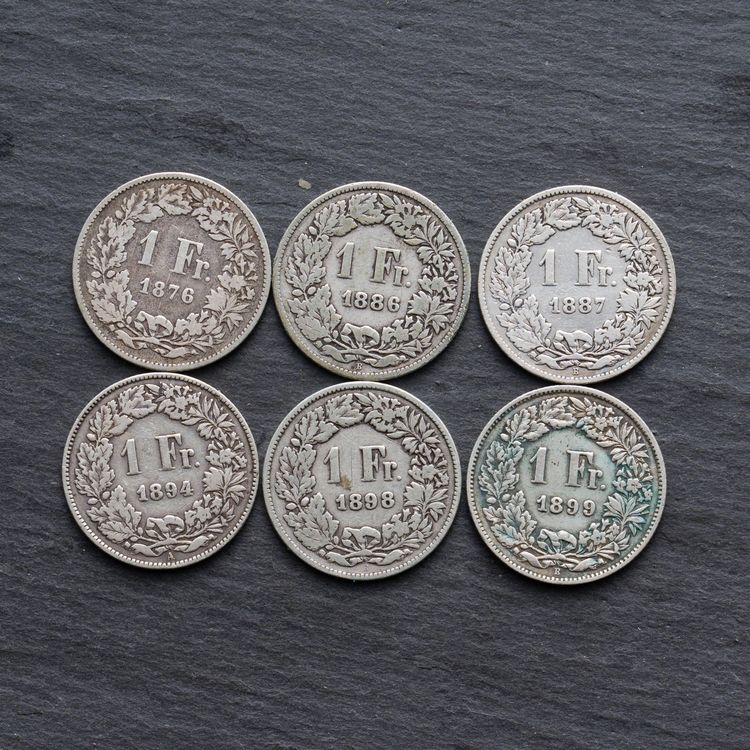 6 Silbermünzen 1 Franken Helvetia div. Jahrgänge 1876-18... (Gebraucht) in Eggenwil für CHF 21 ...