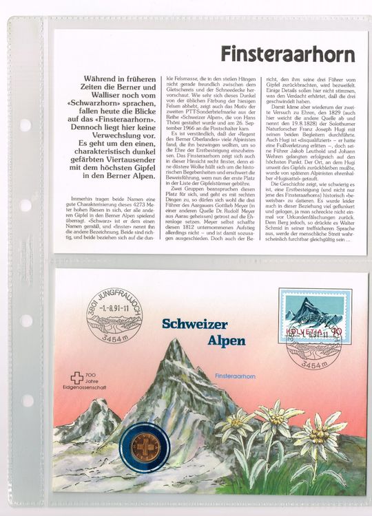 Finsteraarhorn_1991_Münzbrief mit Beschreibung (Gebraucht) in Hombrechtikon für CHF 1.35 – mit ...
