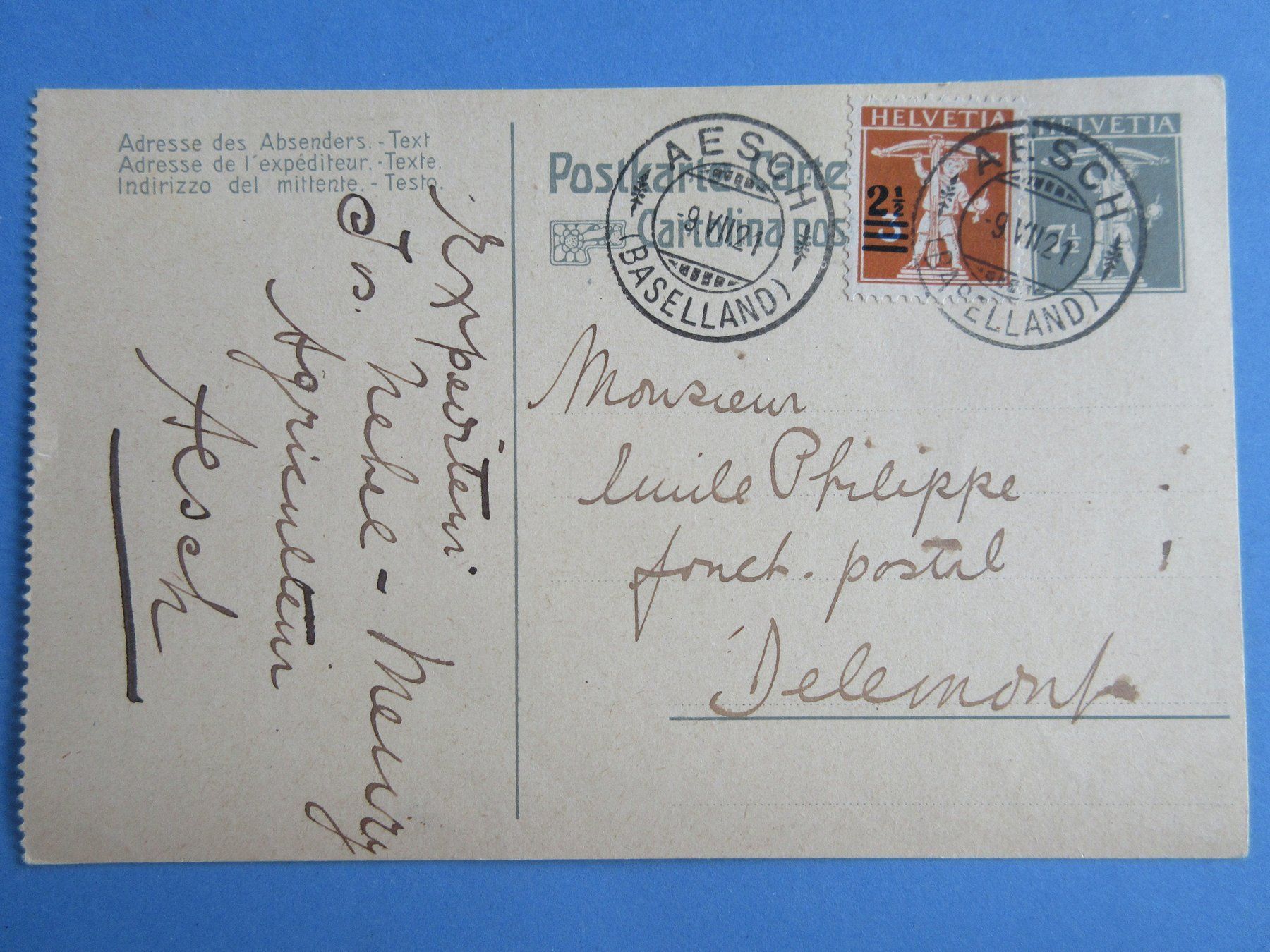 CARTE 1921 AESCH BASELAND (Gebraucht) in Epiquerez für CHF 1 – mit ...