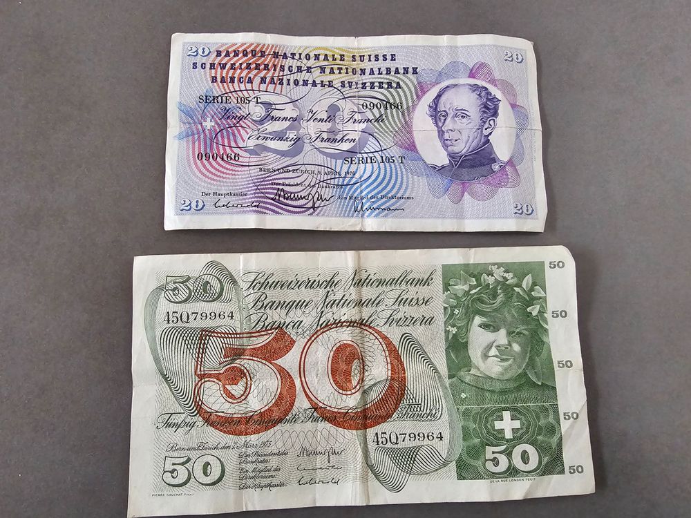 Alte CHF 50.00 Note und CHF 20.00 Note 5. Serie (Gebraucht) in Läufelfingen für CHF 15 – mit ...