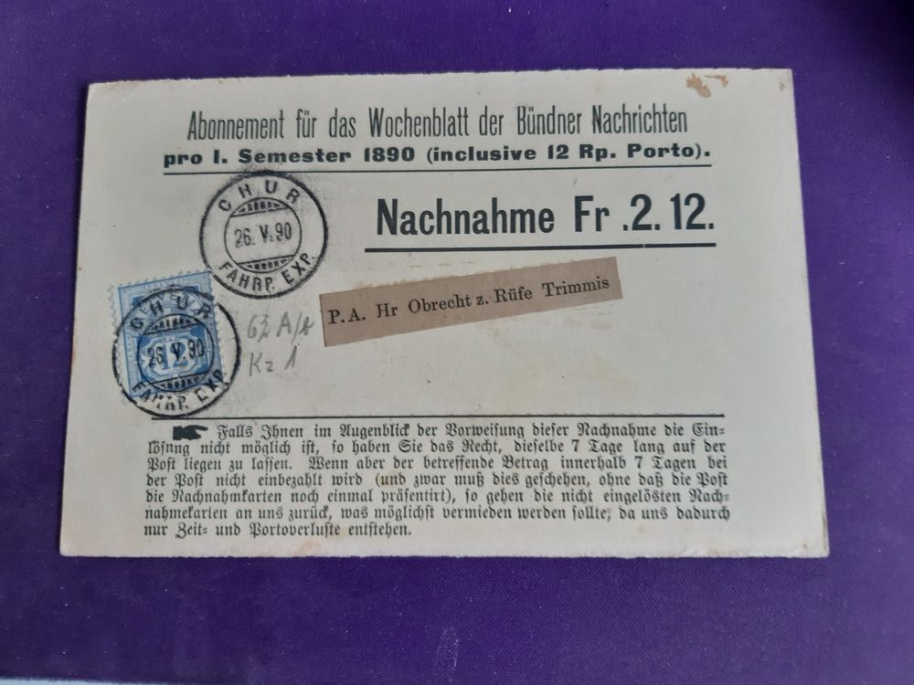 alter Brief resp. Karte, Ziffermuster 62A, Vollstempel Chur (Gebraucht ...
