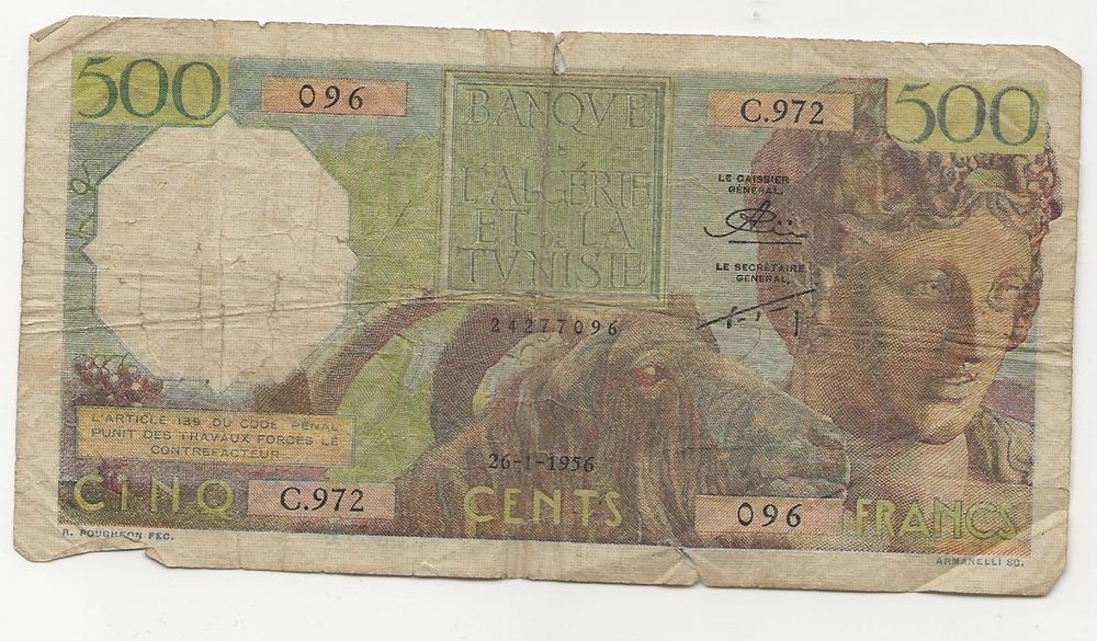 BILLET ALGERIE TUNISIE 500 FRANCS 1956 | Kaufen auf Ricardo