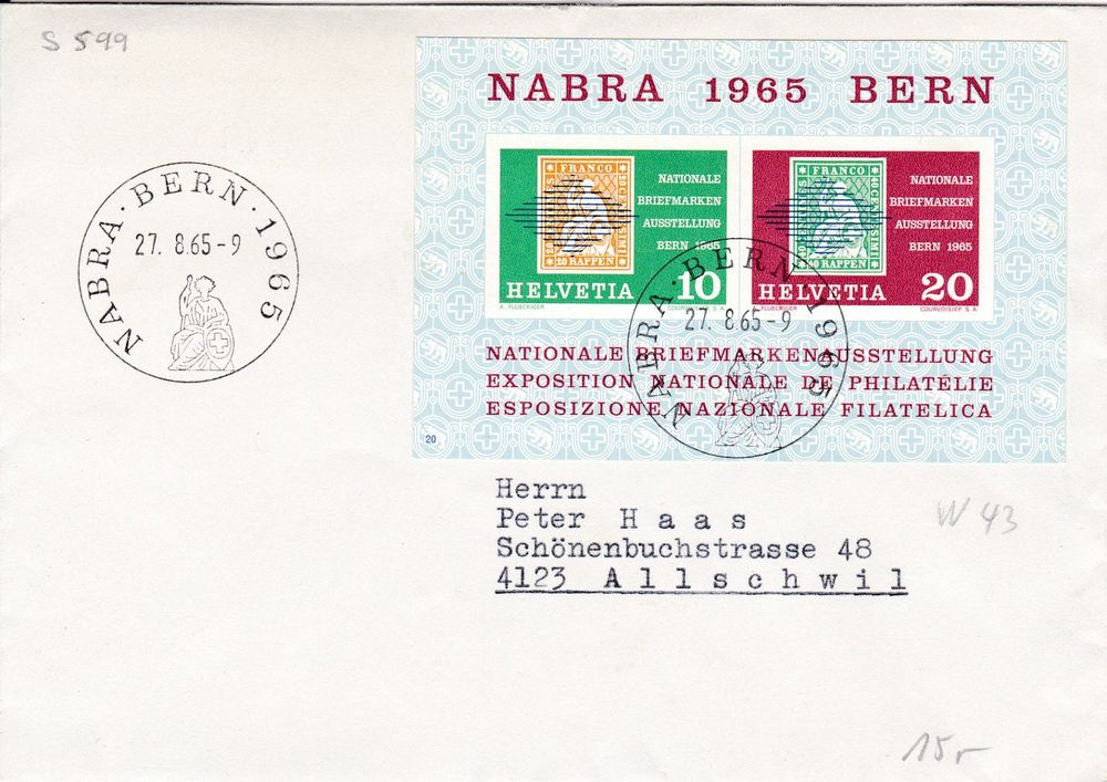 Ausstellungsbrief NABRA 65 BERN mit Sonderblock und -Stempel (Gebraucht) in Binningen für CHF 1. ...