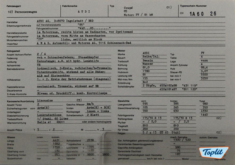 ORIGINAL TYPENSCHEIN KARTE - AUDI COUPÉ - 85 - NR. 1A60 26 (Gebraucht ...