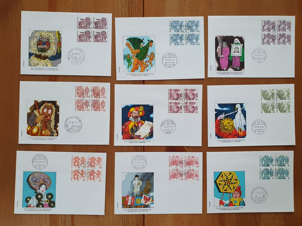 Schweiz: 9 FDC Vierblöcke/Volksbräuche 25.8.77 / Ortsstempel (Gebraucht) in Dällikon für CHF 6 ...