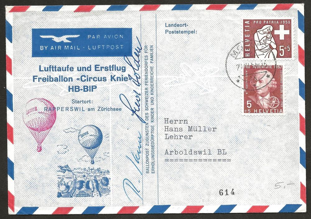 Ballon Schweiz 1958 Rapperswil Mollis Luftpost Knie (Gebraucht) in Au ZH für CHF 0.6 – mit ...