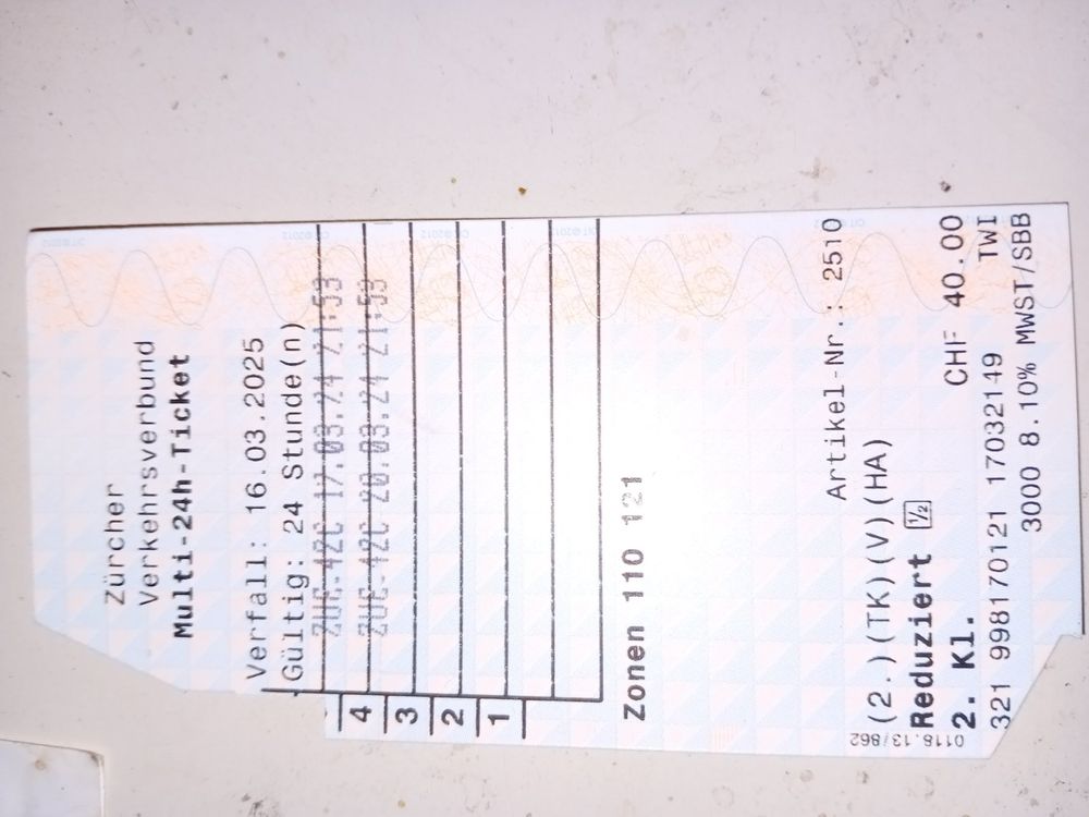 ZVV Multi-24h-Ticket Zonen 110 121 1/2 reduziert 4 Stempel (Gebraucht ...