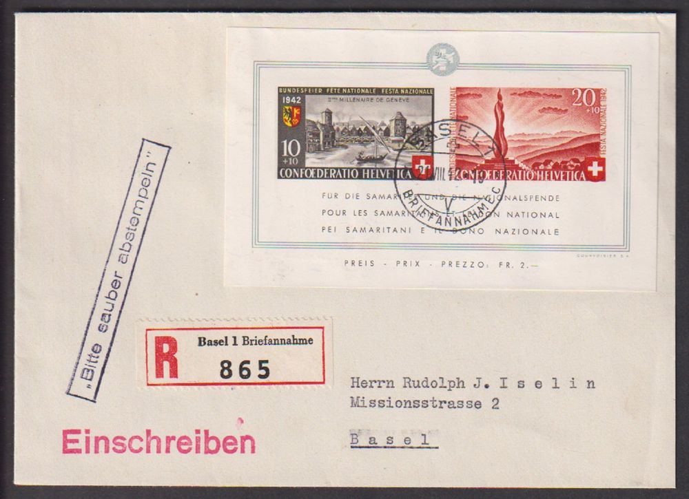 1942, Pro Patria-Block II auf R-Brief n. BASEL, ⨀ 21.VIII.42 | Kaufen auf Ricardo