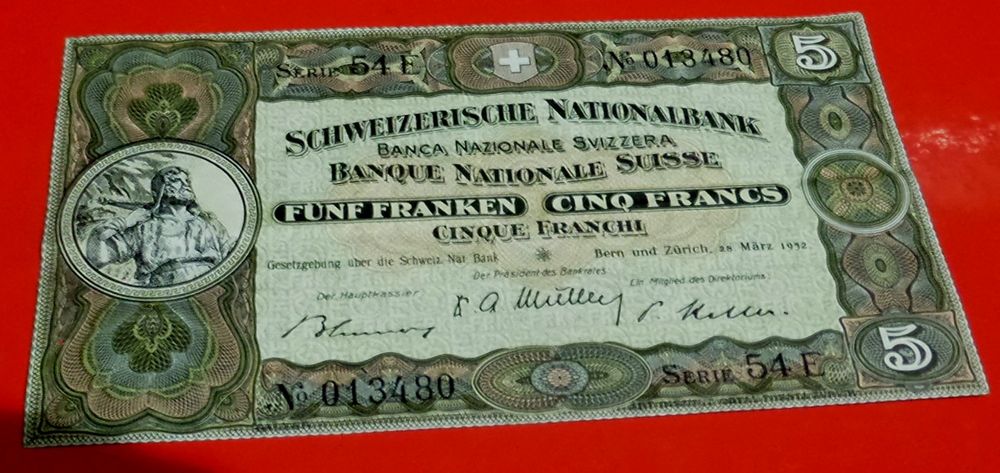 Alte 5 Fr NOTE in der SCHWEIZ SERIE 54 E/ 25 März 1952 (Gebraucht) in ...