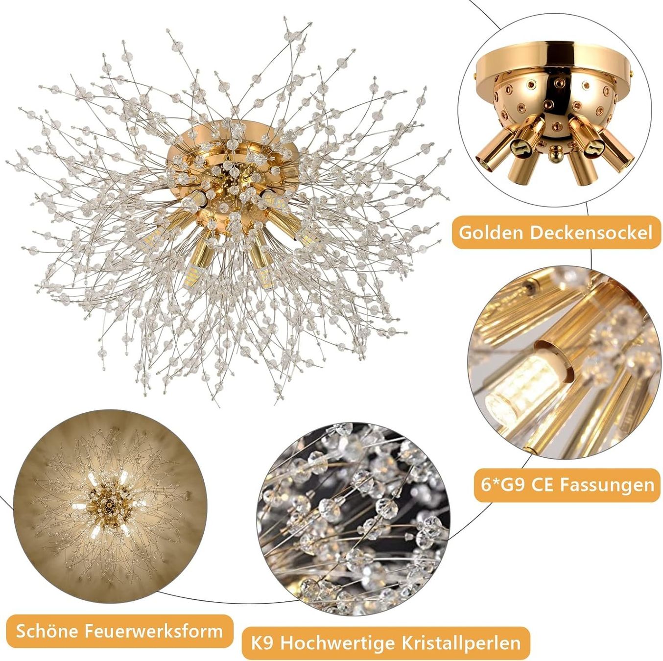 Kristall Feuerwerk Deckenleuchte Dimmbare Hängelampe Gold (Neu und ...