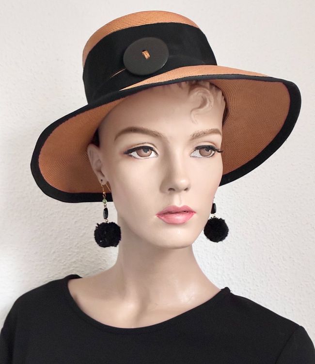 Vintage Strohhut Caramel mit schwarzem Repsband/Masche/Knopf (Gebraucht ...