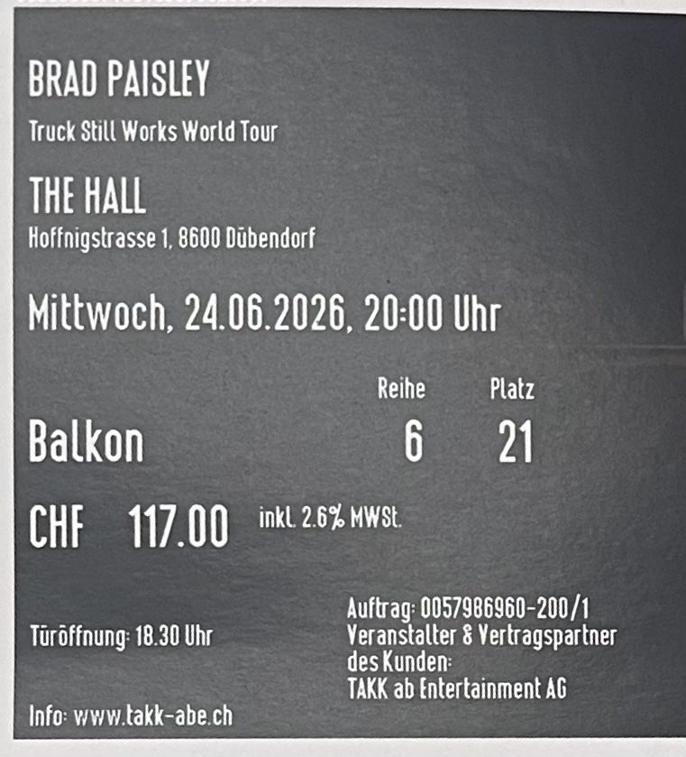 Brad Paisley Konzertticket "Truck Still Works World Tour" am (Neu und ...