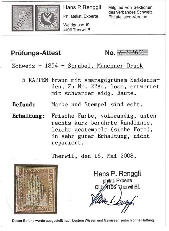 1854 : Strubel Nr. 22A mit Befund - einwandfrei (Gebraucht) in Gümligen für CHF 81 – mit ...