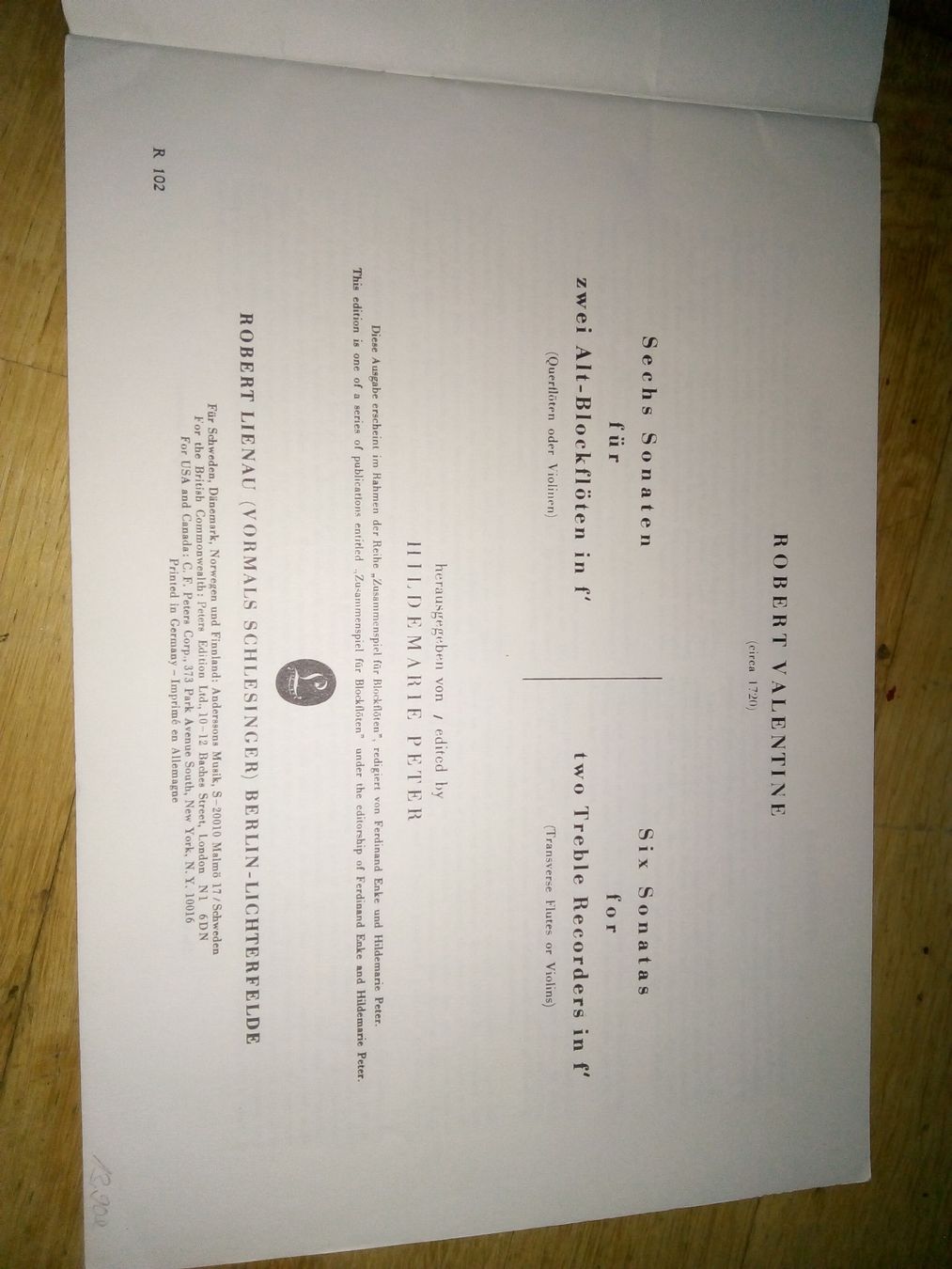 Robert Valentine: Sechs Sonaten für 2 Alt-Blockflöte in F! (Gebraucht ...