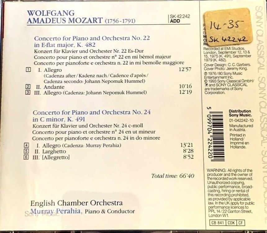 Murray Perahia - Mozart Piano concertos no. 22 & 24 (D'occasion) à ...