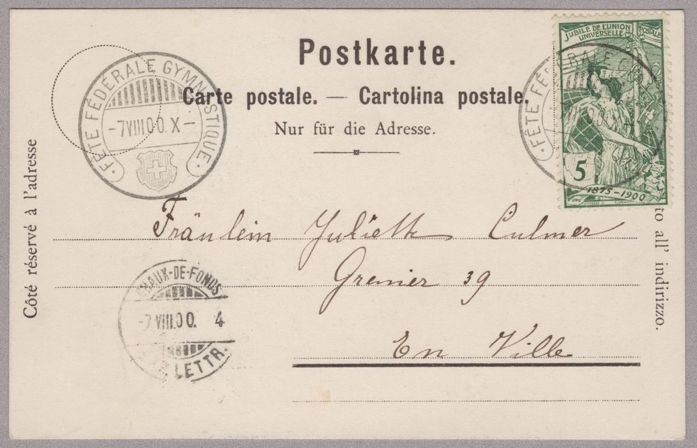 UPU 1900, 25 Jahre Weltpostverein, Karte mit Sonderstempel (Gebraucht) in Vilters für CHF 19 ...