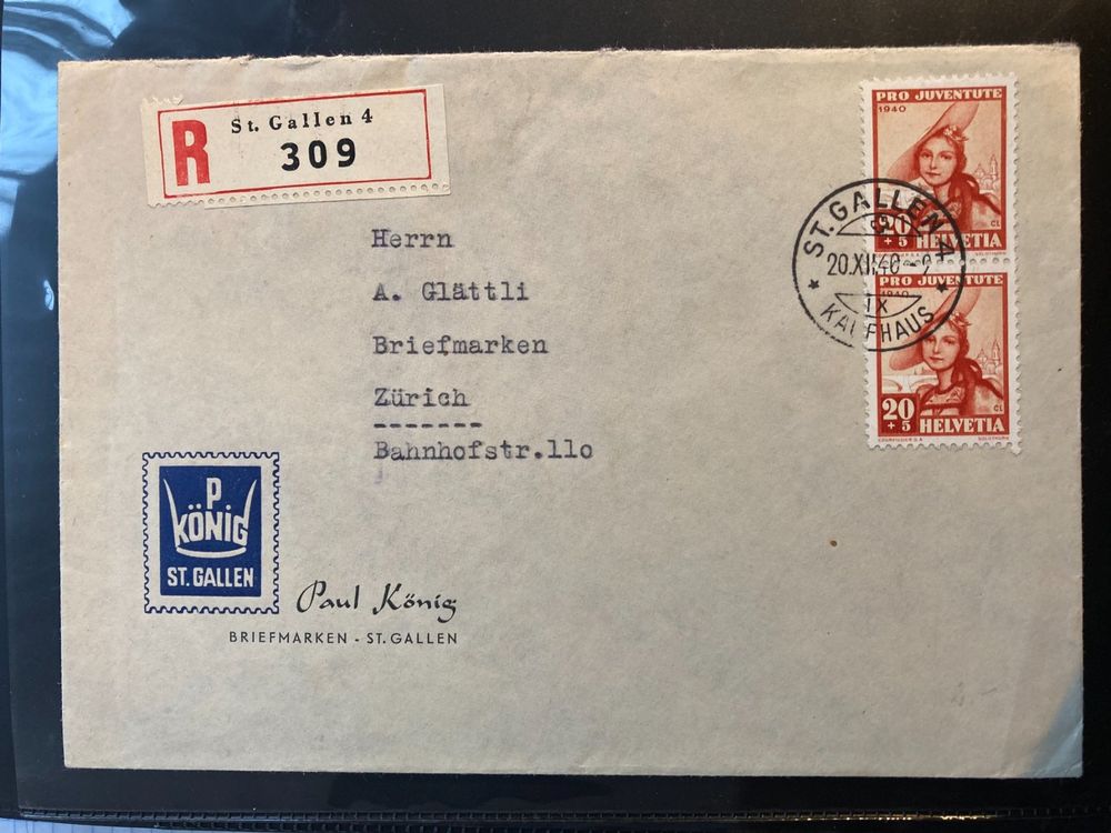 Schweiz 1940 R-Brief 2x20+5 PJ Solothurnerin St.Gallen ZH (Gebraucht) in Liestal für CHF 2.5 ...