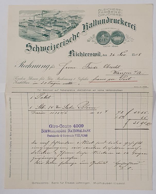 Richterswil 1908 - Litho Briefkopf, Schweiz. Kattundruckerei (Gebraucht) in Kreuzlingen für CHF ...