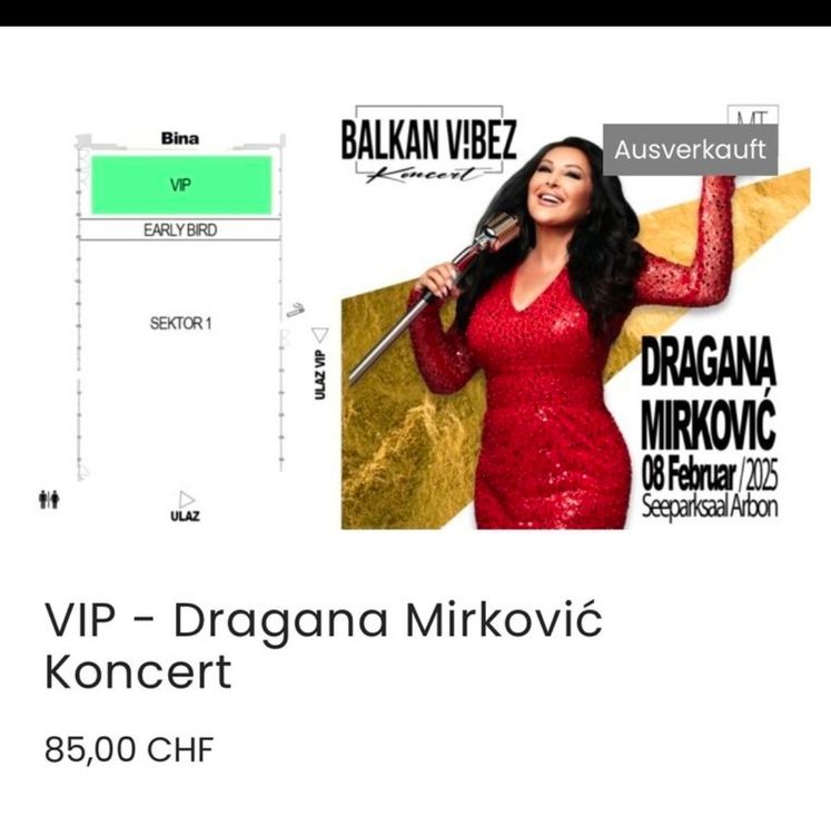 VIP Ticket Dragana Mirkovic Konzert Arbon 2025 (Neu und ...