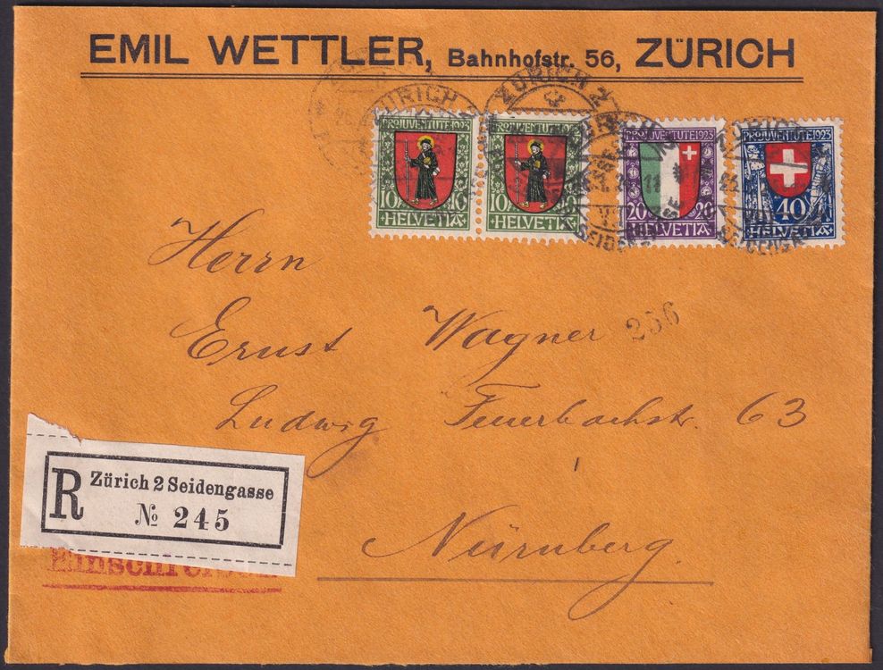 1923, Brief: J26-J28 mit Zierkopf EMIL WETTER ZÜRICH, 130.-+ | Kaufen ...