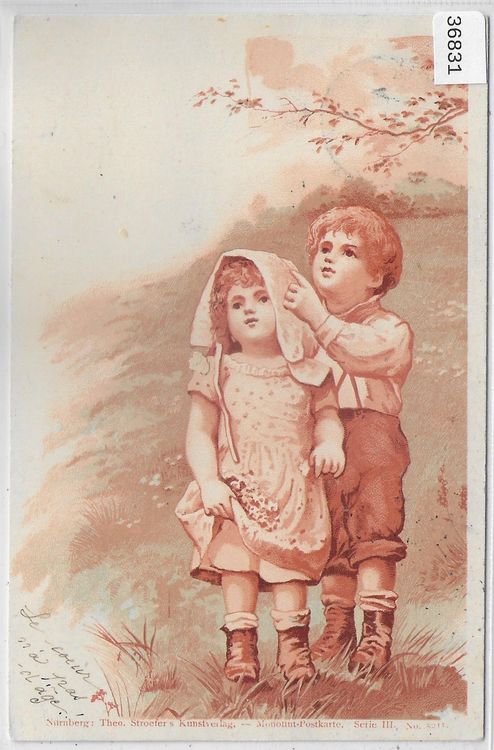 Monotint-Litho - Zwei kleine Kinder im Feld - 1898 (Gebraucht) in ...