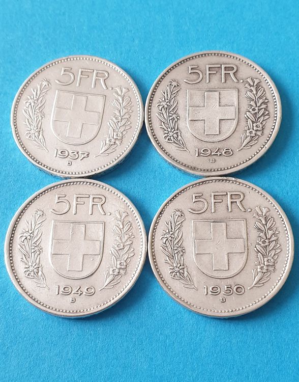 4 X 5 FRANKEN SILBERMÜNZEN 1937+1948+1949+1950 SEHR RAR | Kaufen auf Ricardo
