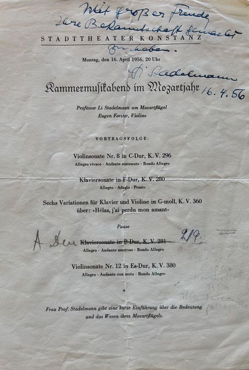 Autograph, Musik, Li Stadelmann, deutsche Pianistin, 1956 (Gebraucht ...