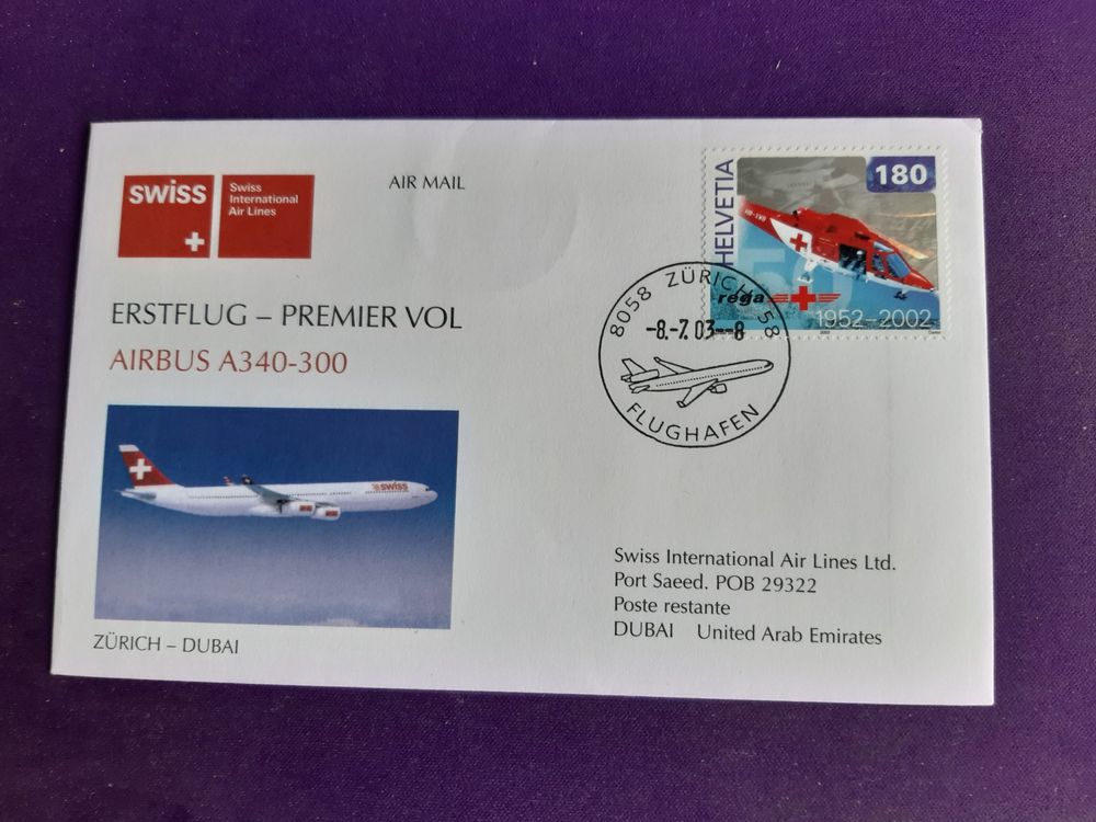 Erstflug AIRBUS A340-300 mit SWISS Zürich-DUBAI 2003 (Neu (gemäss Beschreibung)) in Wangs für ...
