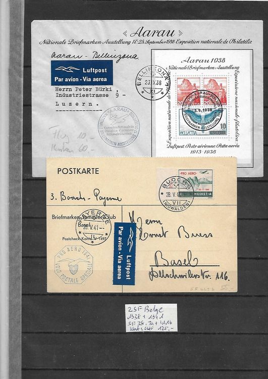 2 SF Belege 1938 + 1941 SF38.3a + SF41.1b Kat: CHF 125.- (Gebraucht) in Basel für CHF 4 – mit ...