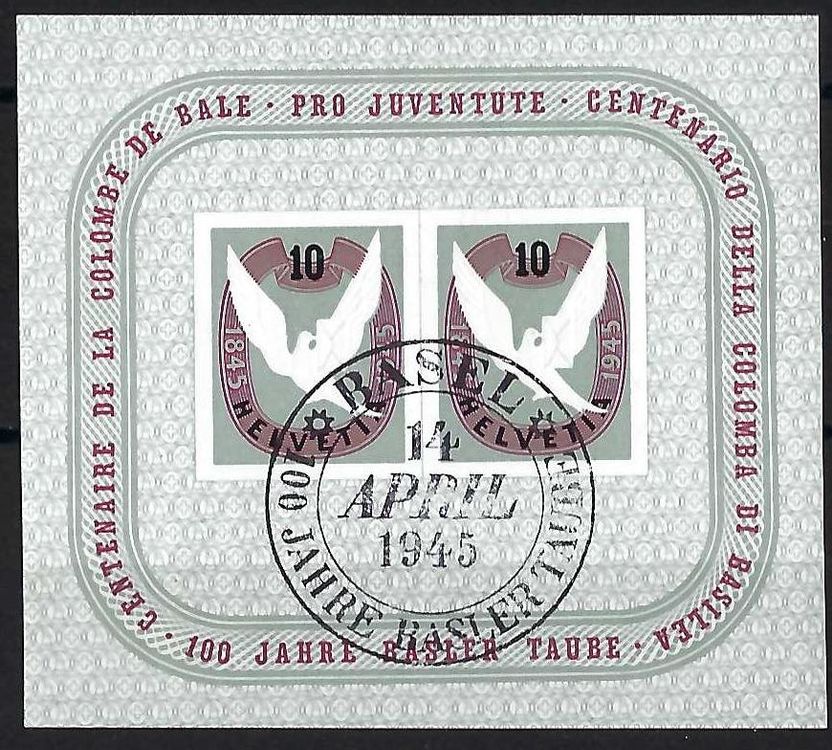 1945 BASLER TAUBE BLOCK, ET-0 BASEL 14 APRIL 1945 (Gebraucht) in Pura ...